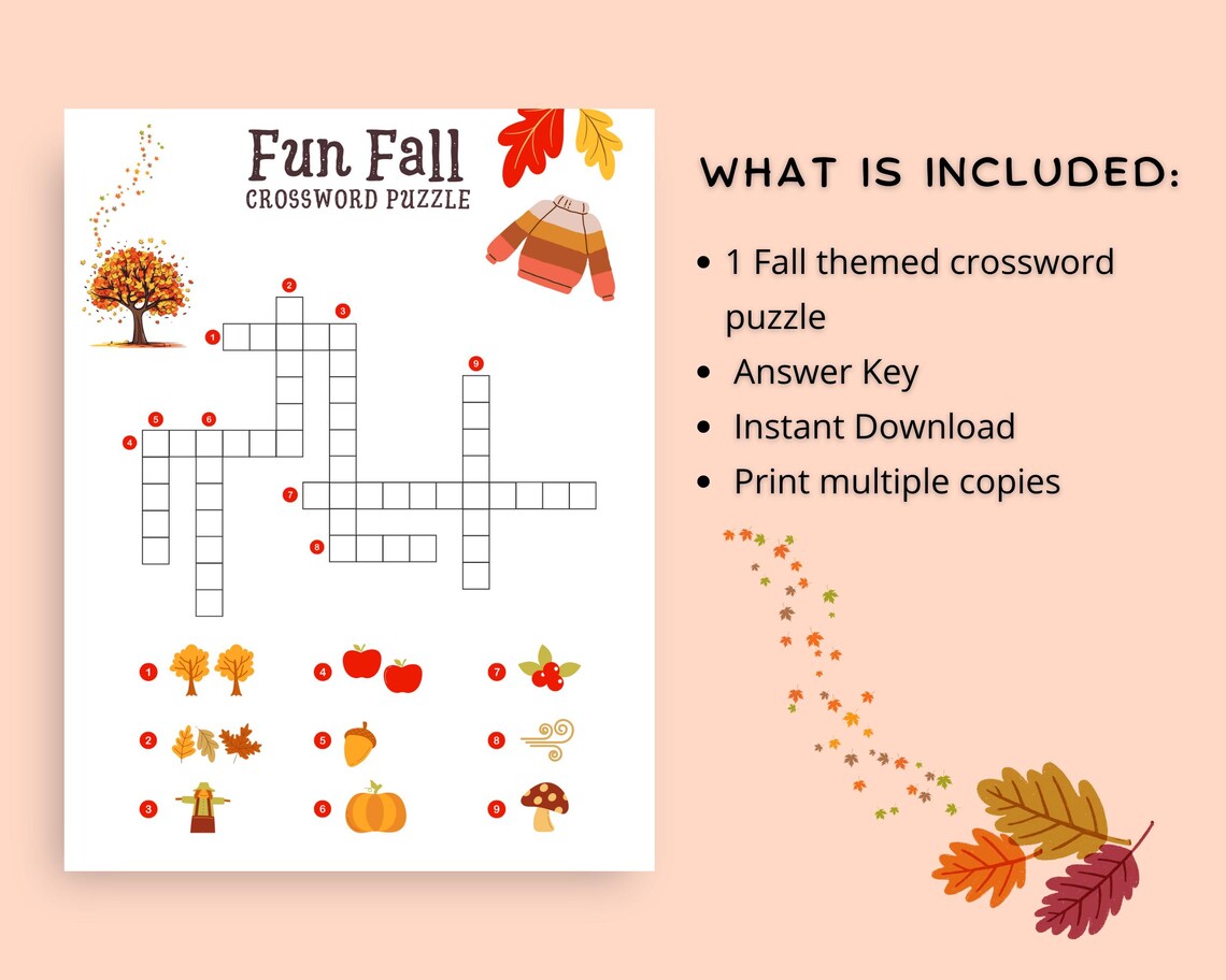 Fall Crossword Puzzle Printable, Fall Crossword Game, Autumn Crossword ...