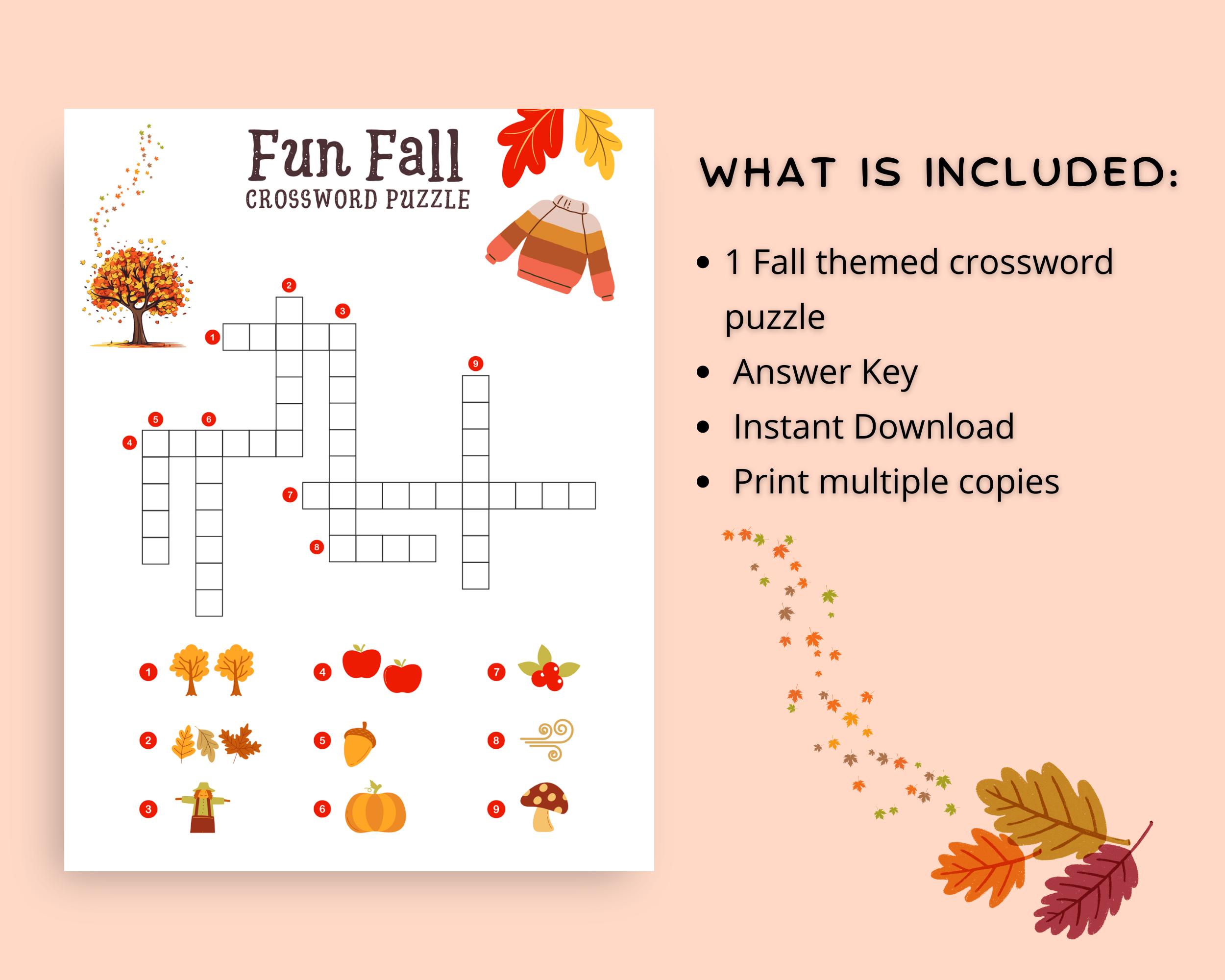 Fall Crossword Puzzle Printable, Fall Crossword Game, Autumn Crossword ...