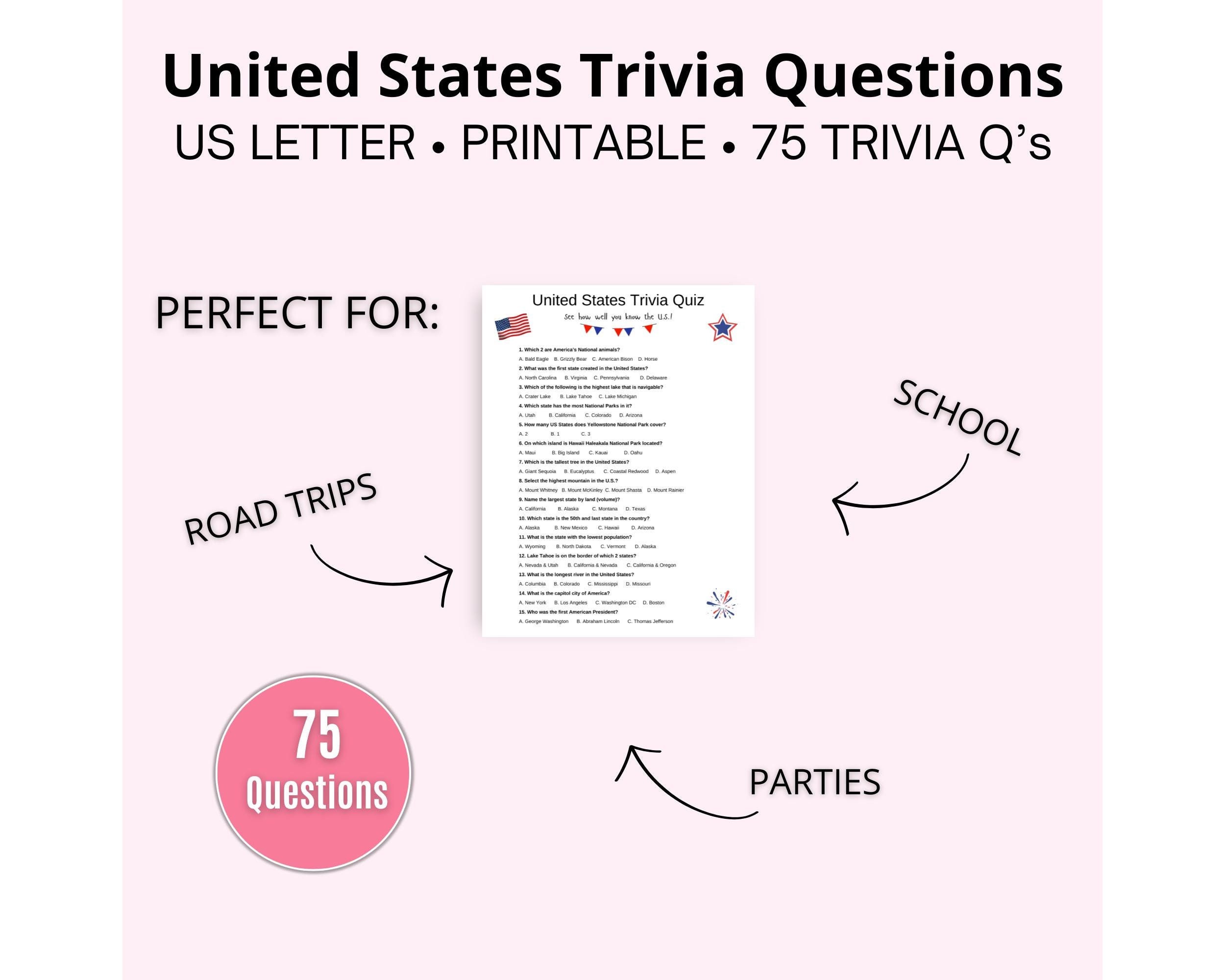 75 United States Trivia Questions, Trivia Games, American Trivia ...