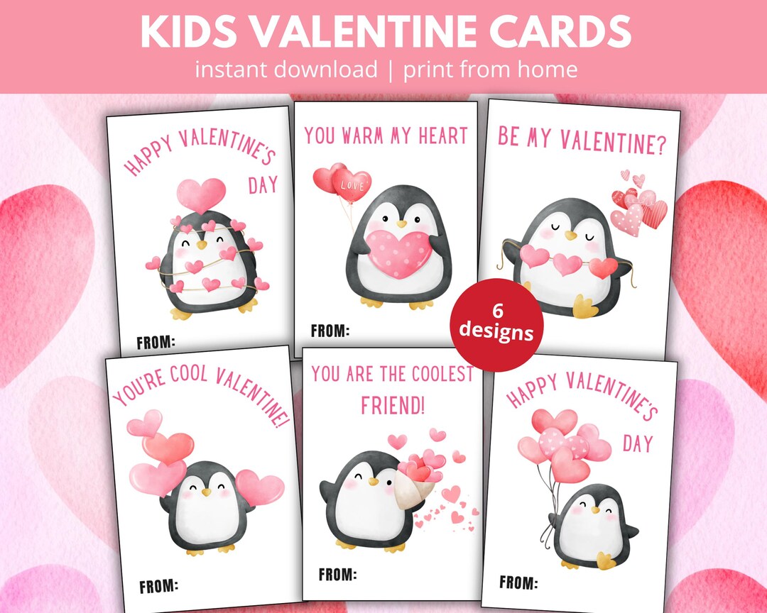 Penguin Valentines Cards Printable, Valentine Cards for Kids, Classroom ...