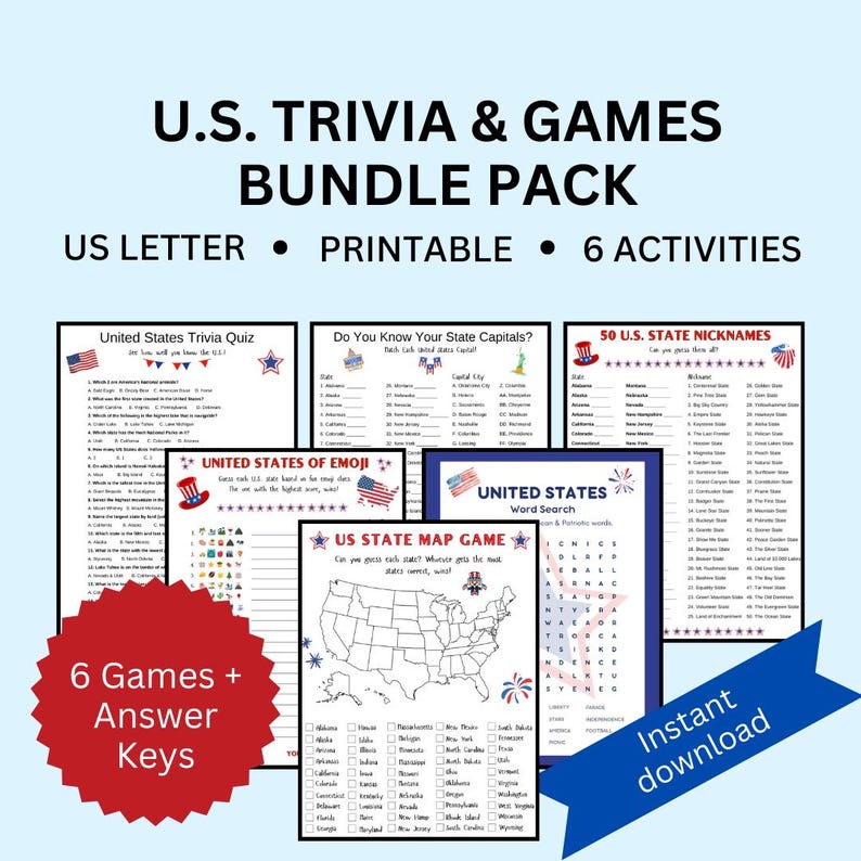 United States Patriotic Trivia & Games Bundle, US Trivia, USA Game ...