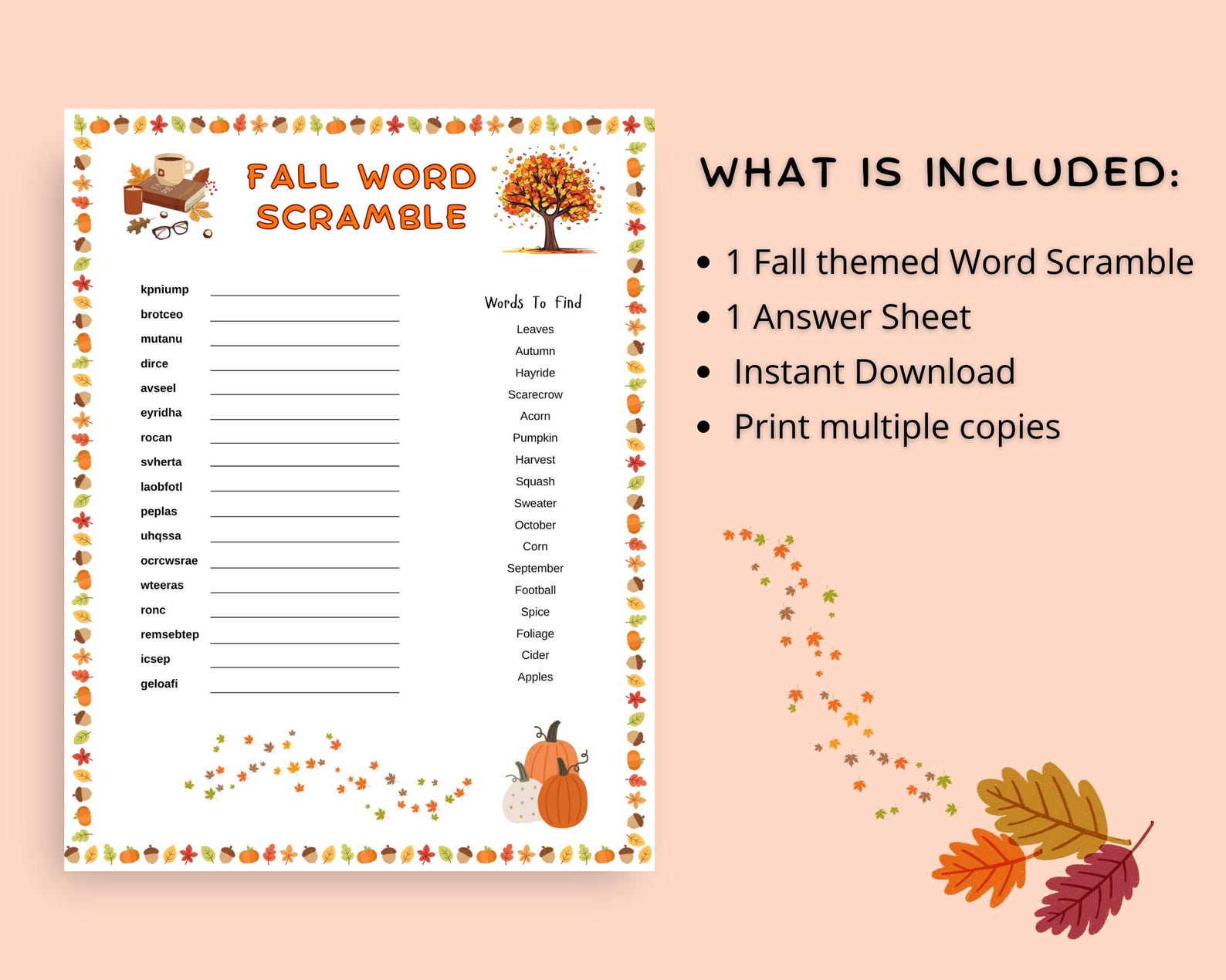 Fall Word Scramble Printable, Kids Fall Activity, Fall Activities, Kids ...