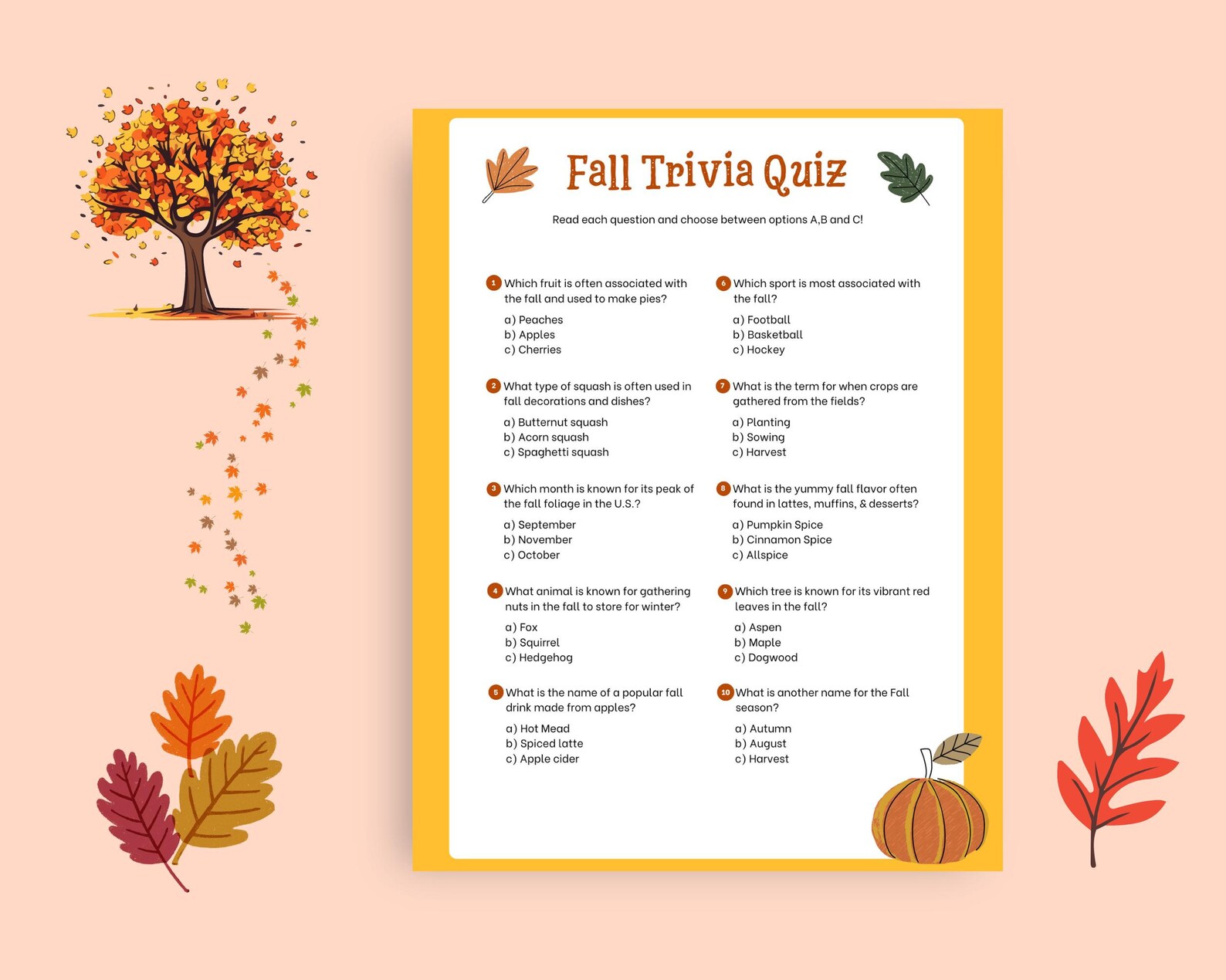 Fall Trivia Quiz Printable, Fall Trivia Game, Autumn Trivia, Kids Games ...