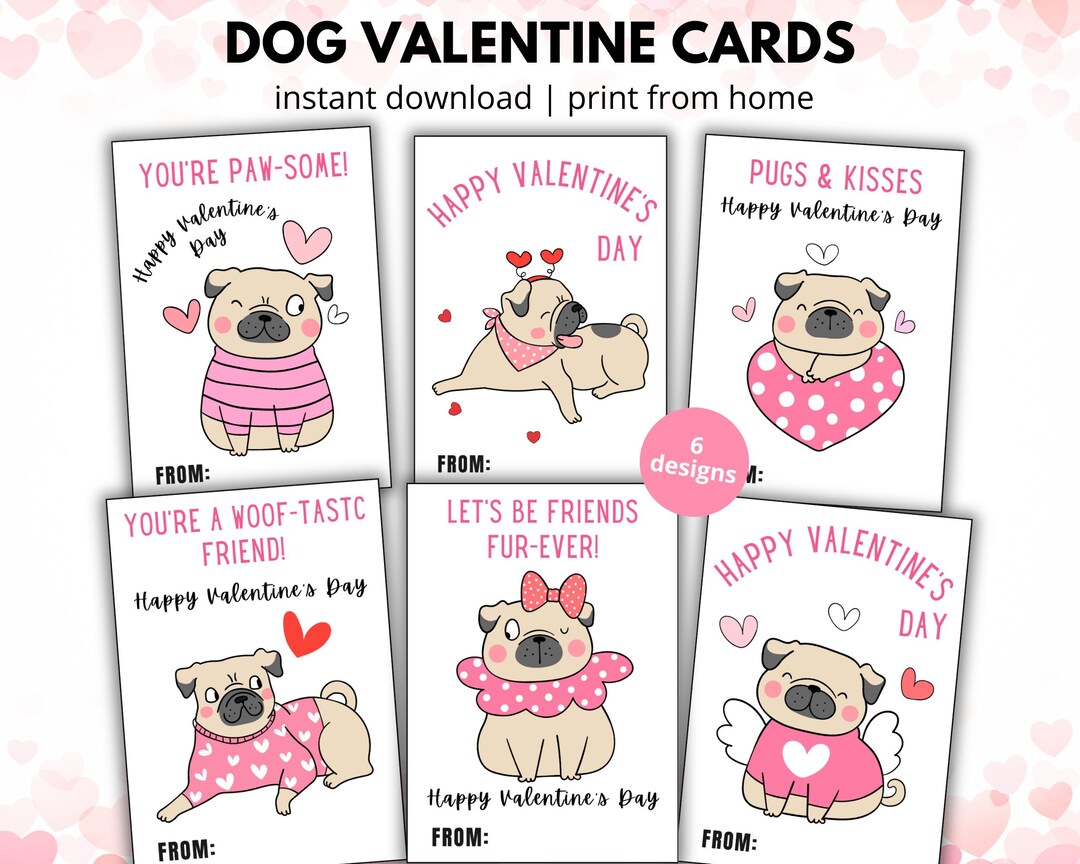 Pug Kids Valentines Cards Printable, Dog Valentines Cards for Kids ...