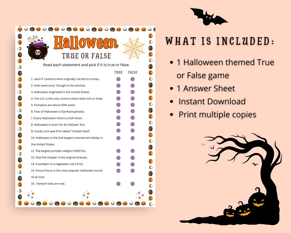 Halloween True or False Game Printable, Halloween Activities, Halloween ...