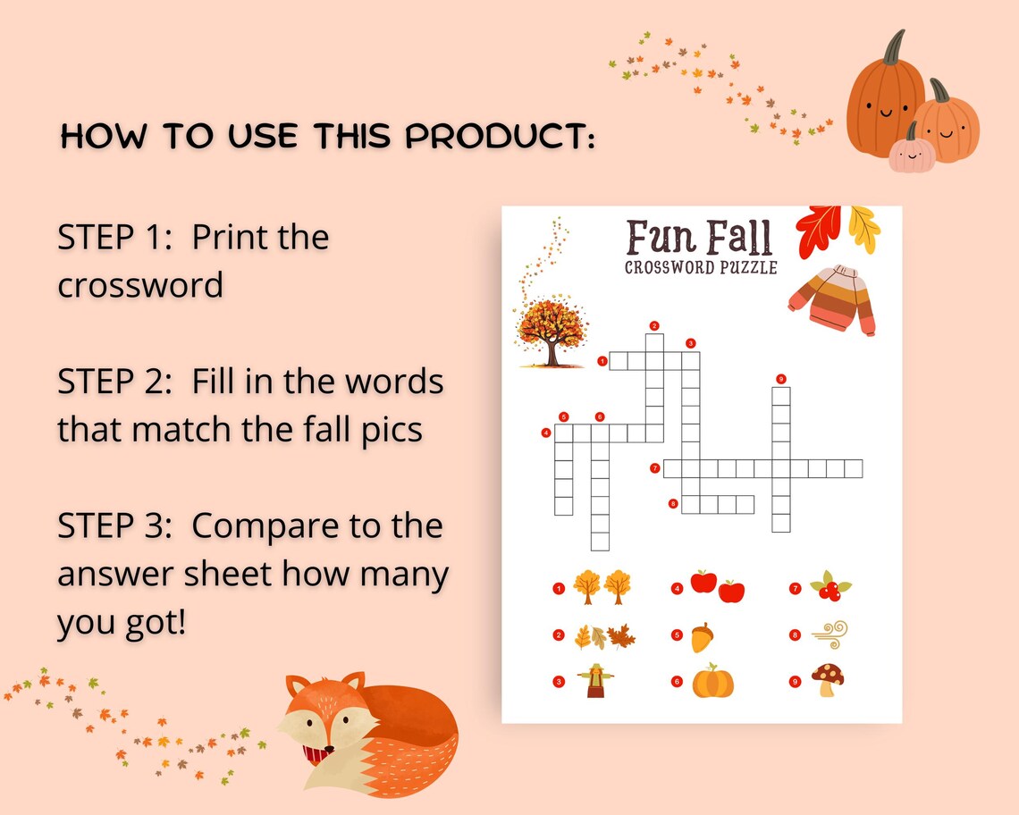 Fall Crossword Puzzle Printable, Fall Crossword Game, Autumn Crossword ...