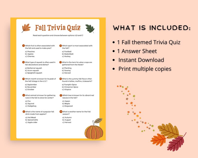 Fall Trivia Game Printable, Autumn Trivia, Kids Games, Printable Fall ...