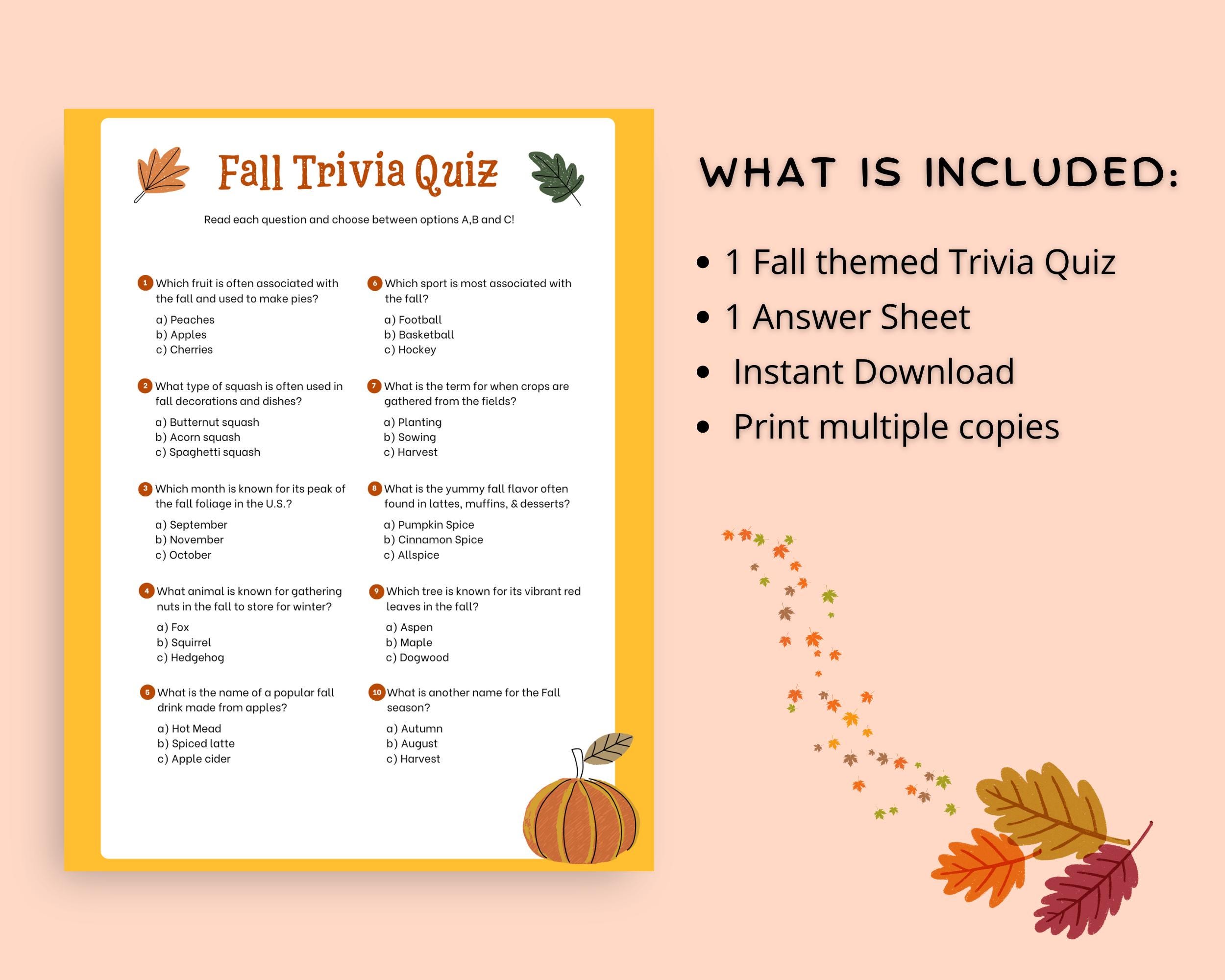 Fall Trivia Game Printable, Autumn Trivia, Kids Games, Printable Fall ...
