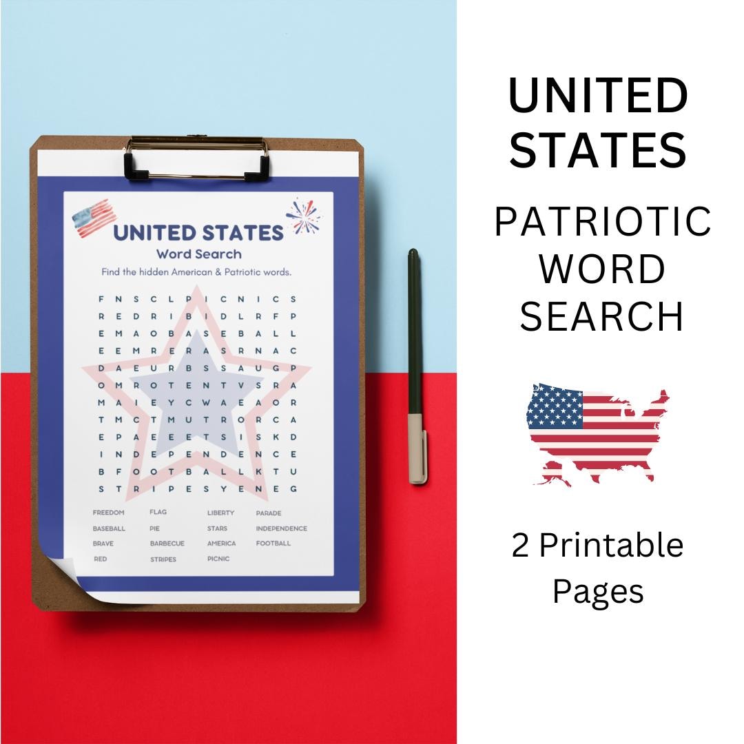 United States Word Search, USA Game, 4th of July Word Search, Patriotic ...