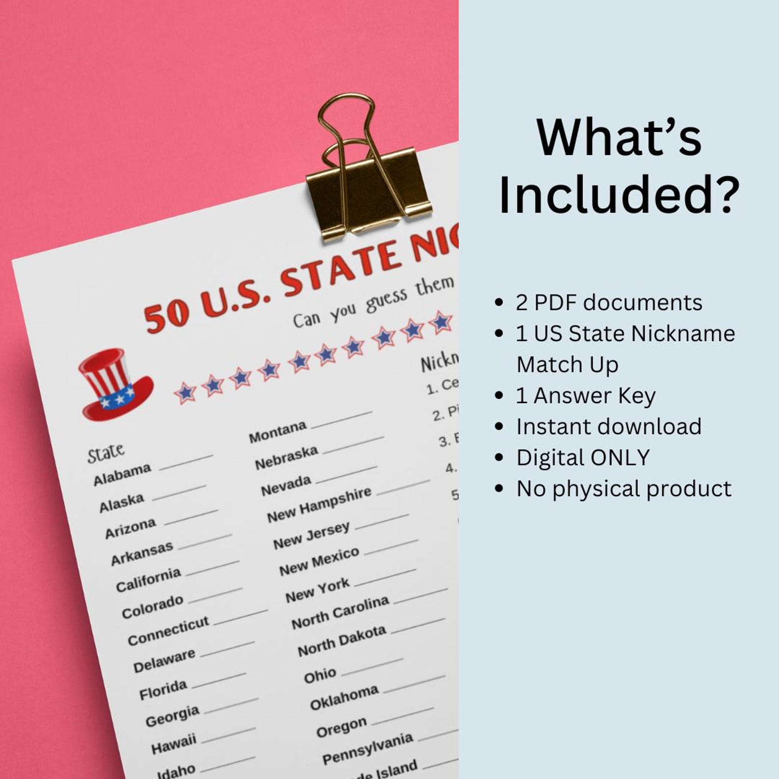 50 States Nickname Match Up, USA Game, United States Trivia, USA ...