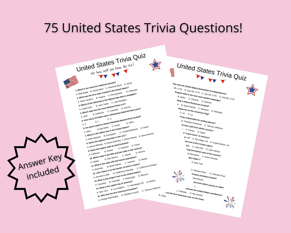 75 United States Trivia Questions, Trivia Games, American Trivia ...
