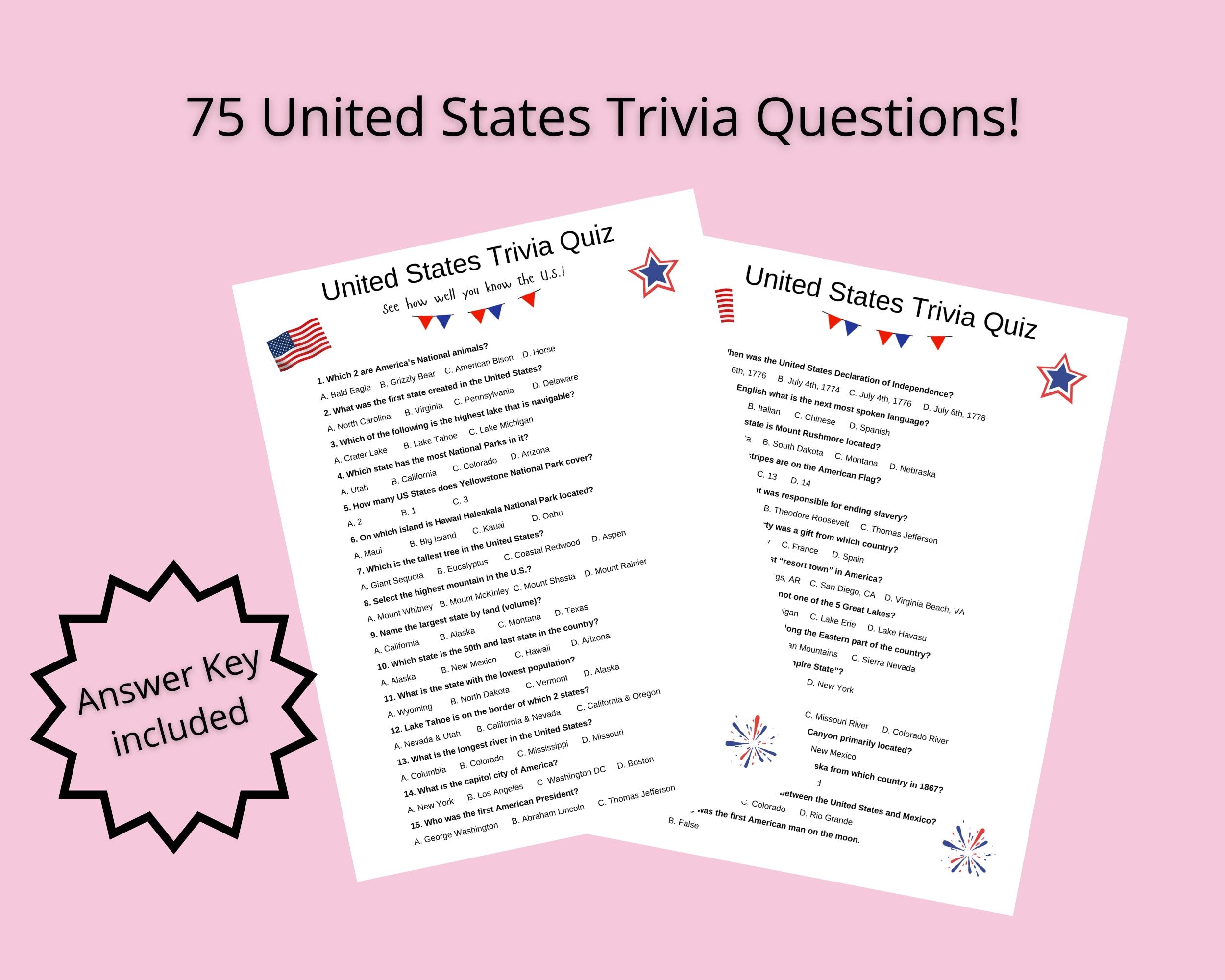 75 United States Trivia Questions, Trivia Games, American Trivia ...