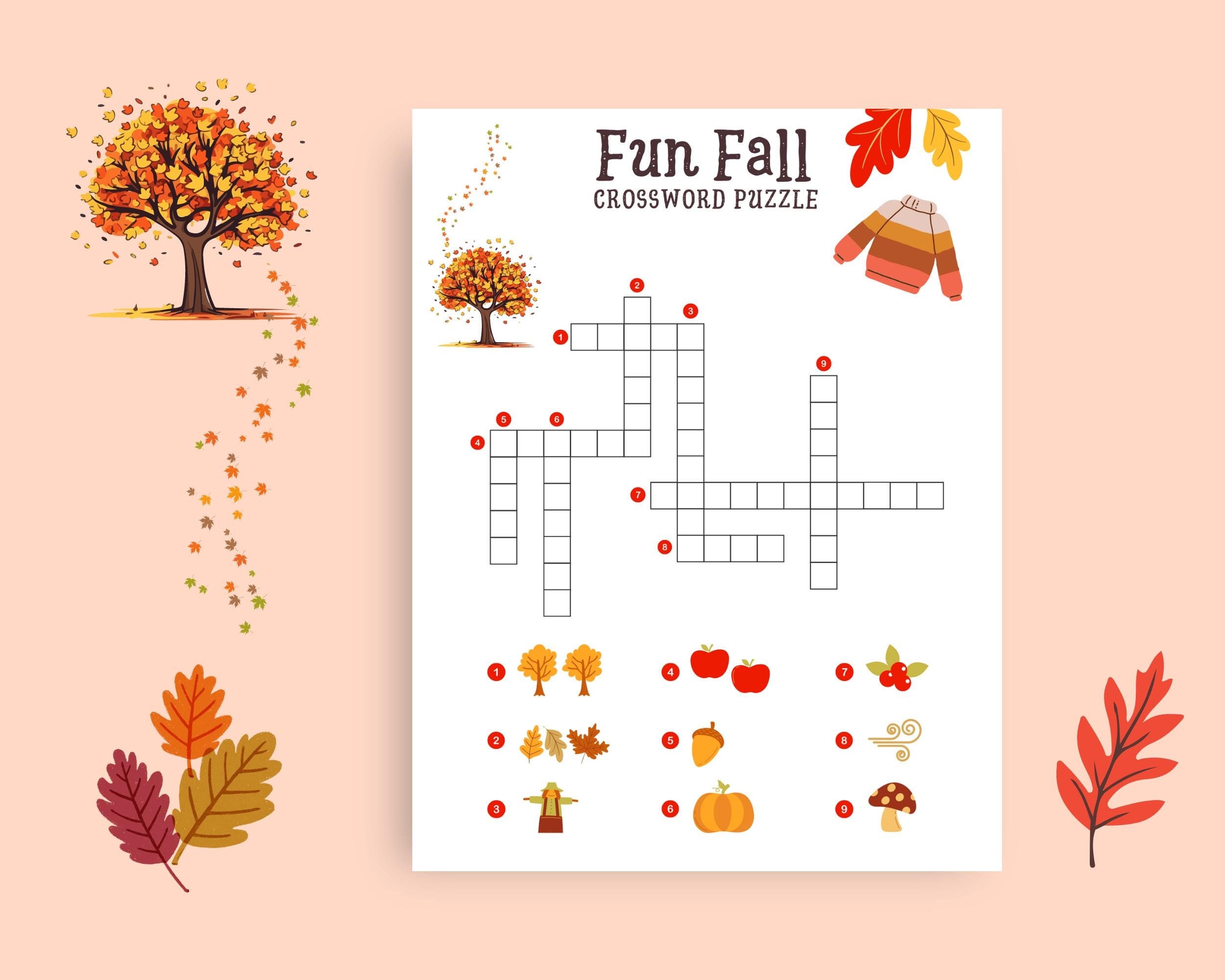 Fall Crossword Puzzle Printable, Fall Crossword Game, Autumn Crossword ...