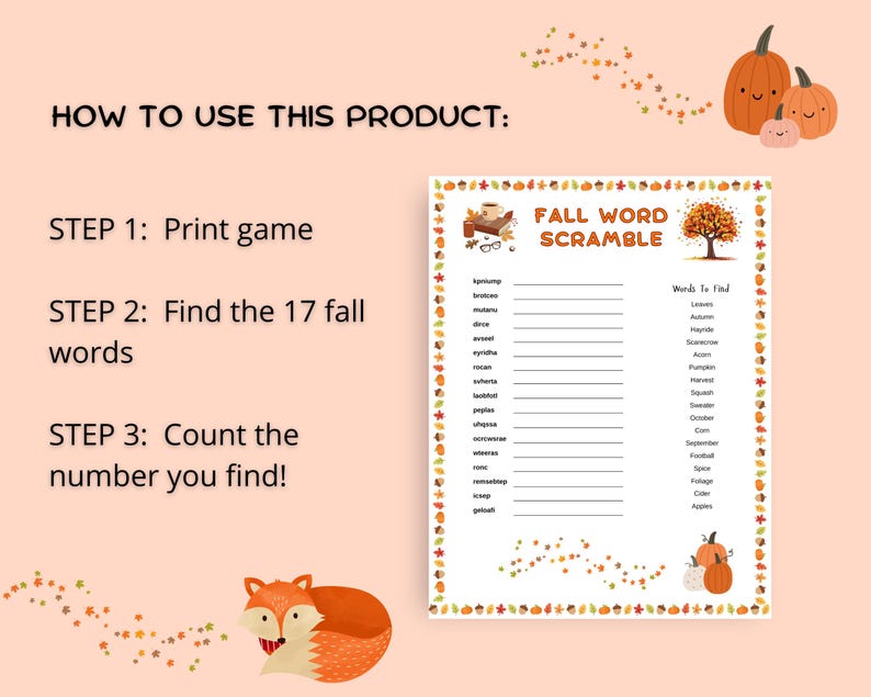 Fall Word Scramble Printable, Kids Fall Activity, Fall Activities, Kids ...