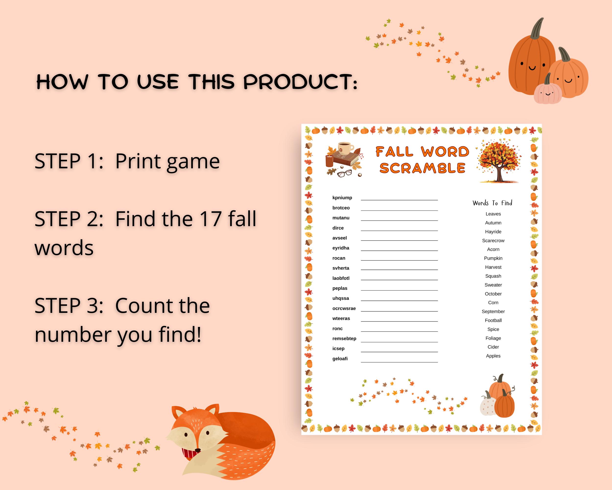 Fall Word Scramble Printable, Kids Fall Activity, Fall Activities, Kids ...