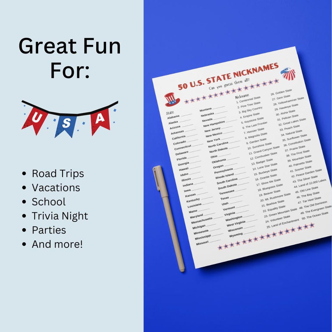 50 States Nickname Match Up, USA Game, United States Trivia, USA ...