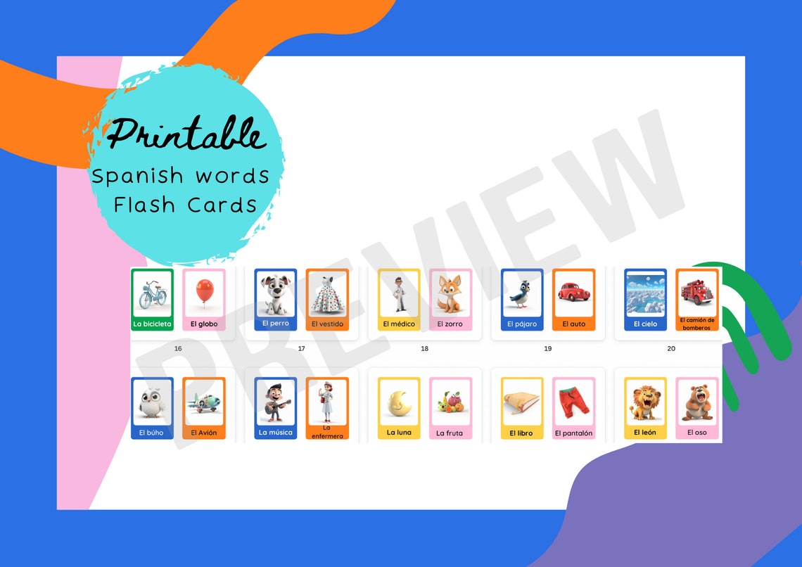 50 My First Spanish Words BIG Flash Cards Words Printable Digital for ...