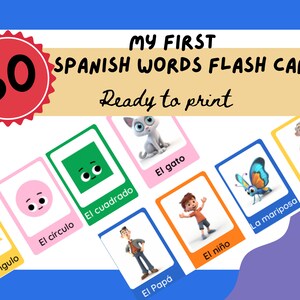 50 My First Spanish Words BIG Flash Cards Words Printable Digital for ...