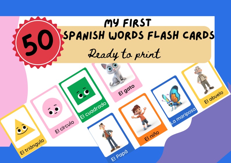 50 My First Spanish Words BIG Flash Cards Words Printable Digital for ...