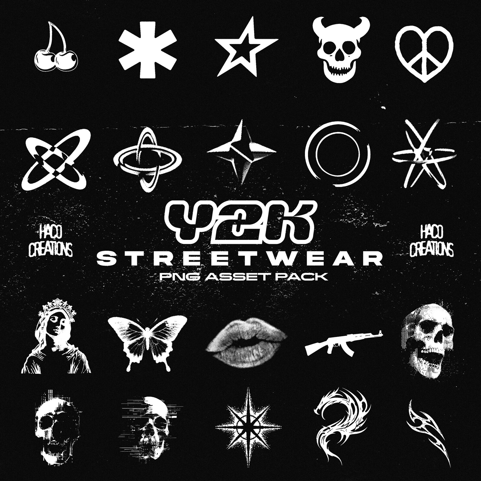 Y2K Streetwear Aesthetic Icons & Symbols | 25 Assets for Logos | Clothing | Graphic Design ...