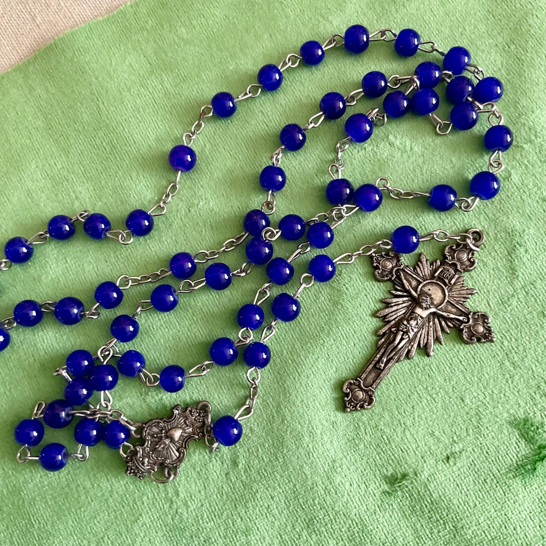BEAUTIFUL Fatima Rosary Cobalt Blue Glass Beads Complete Rosary Sacred ...