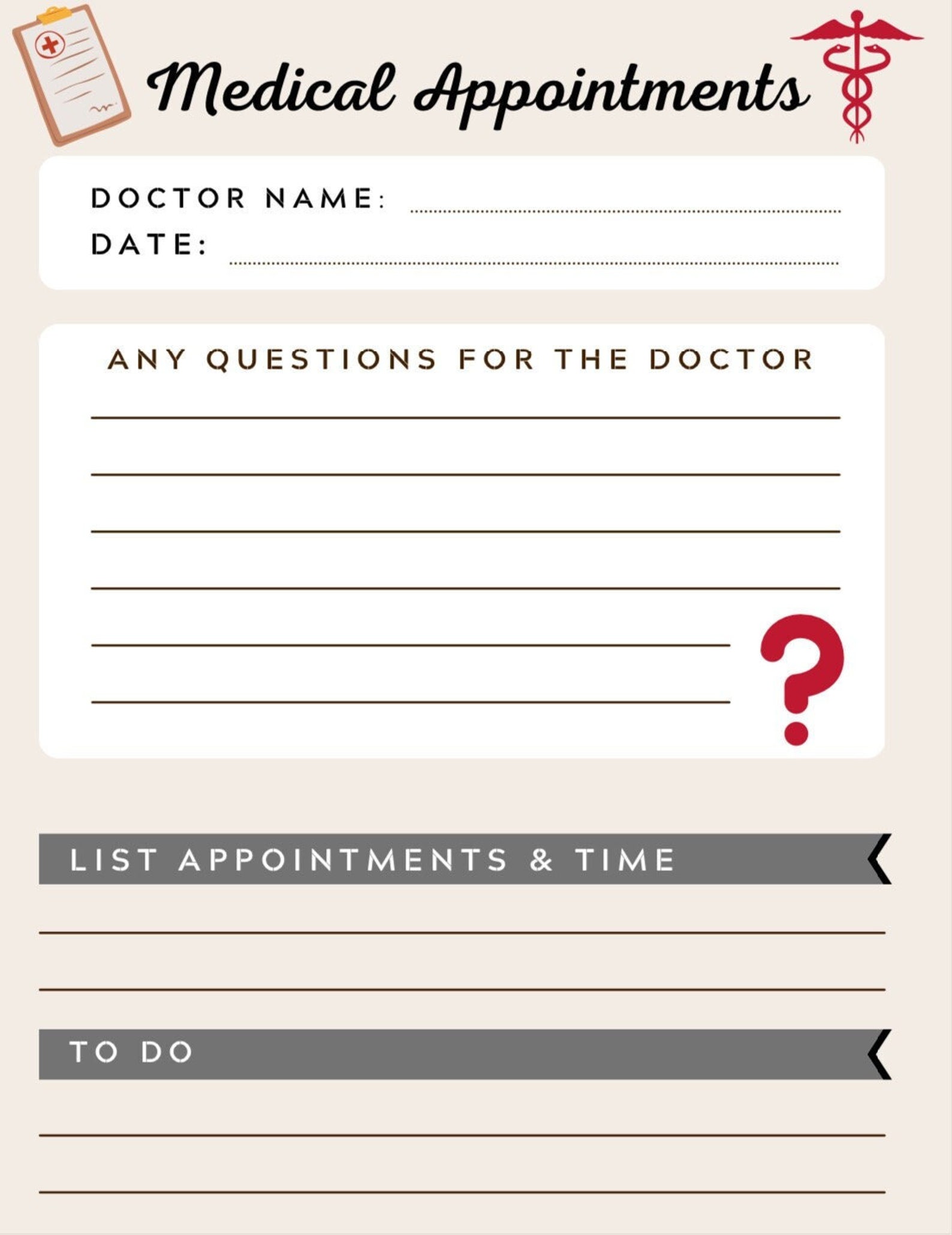 Medical Appointment Sheet, Doctor Visits, Simple Appointment Sheet ...