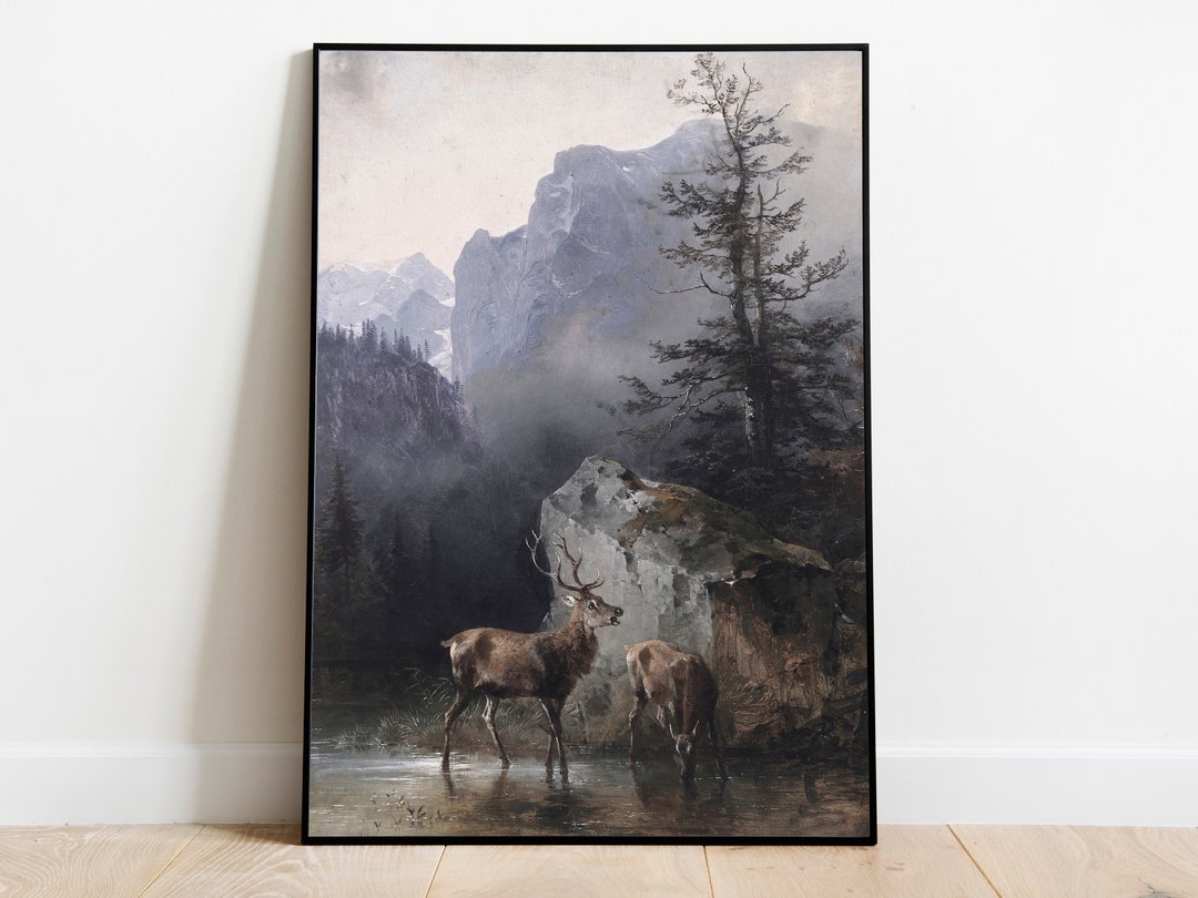 Deer Drinking From a Mountain Stream - Vintage Printable Art - Instant ...
