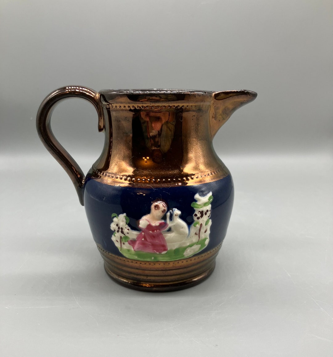 Beautiful Lusterware Porcelain Copper Flower / Figures Petite Pitcher ...