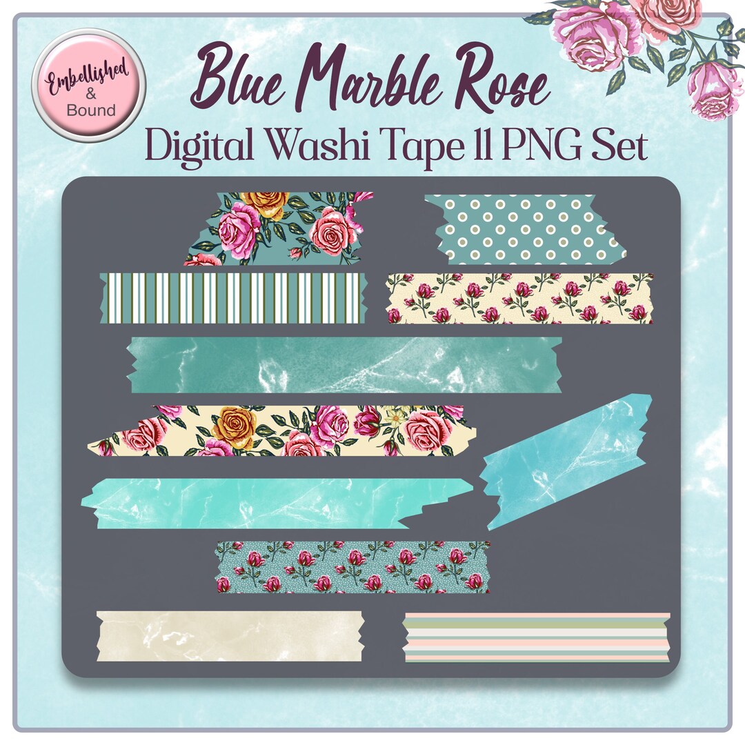 Blue Floral Digital Washi Tape, Marble Rose Blue Digital Decorative ...