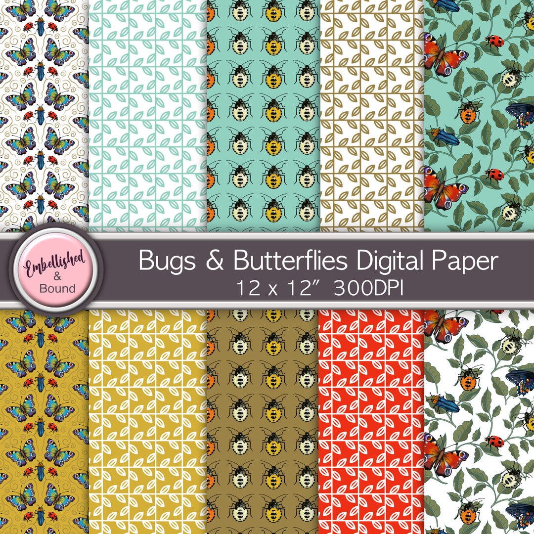 Butterflies and Bugs Digital Papers, Seamless Backgrounds, JPEG 10 Set ...