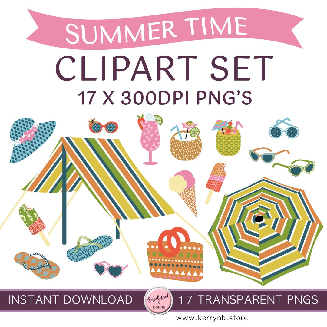 Summertime Clipart Set, Scaleable Cute Beach Theme Art PNG Set 17 on ...