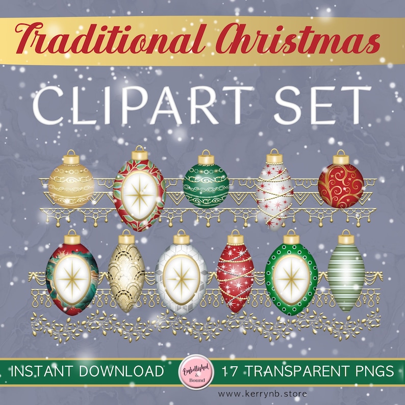 Traditional Christmas Bauble Clipart Set: Garlands PNG (digital ...