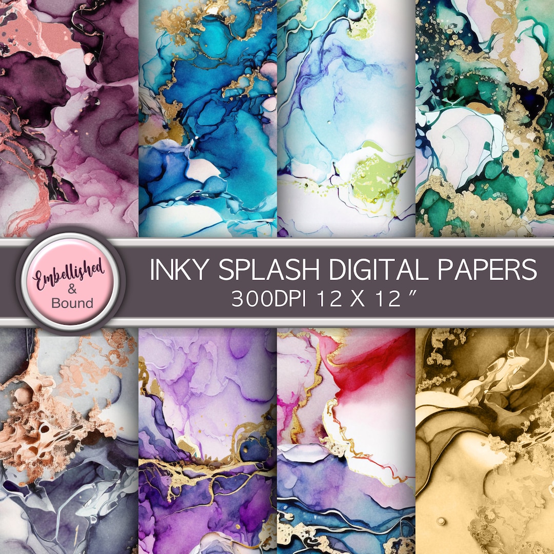 Inky Splash Digital Paper Backgrounds, JPEG 8 Set Multicolour, Seamless ...