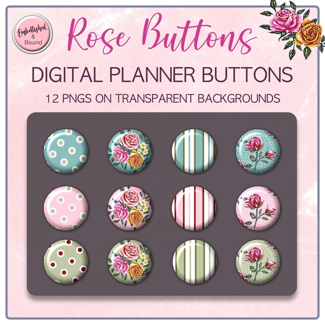 Rose Digital Buttons Set, Digital Planner Buttons Clipart, Instant ...
