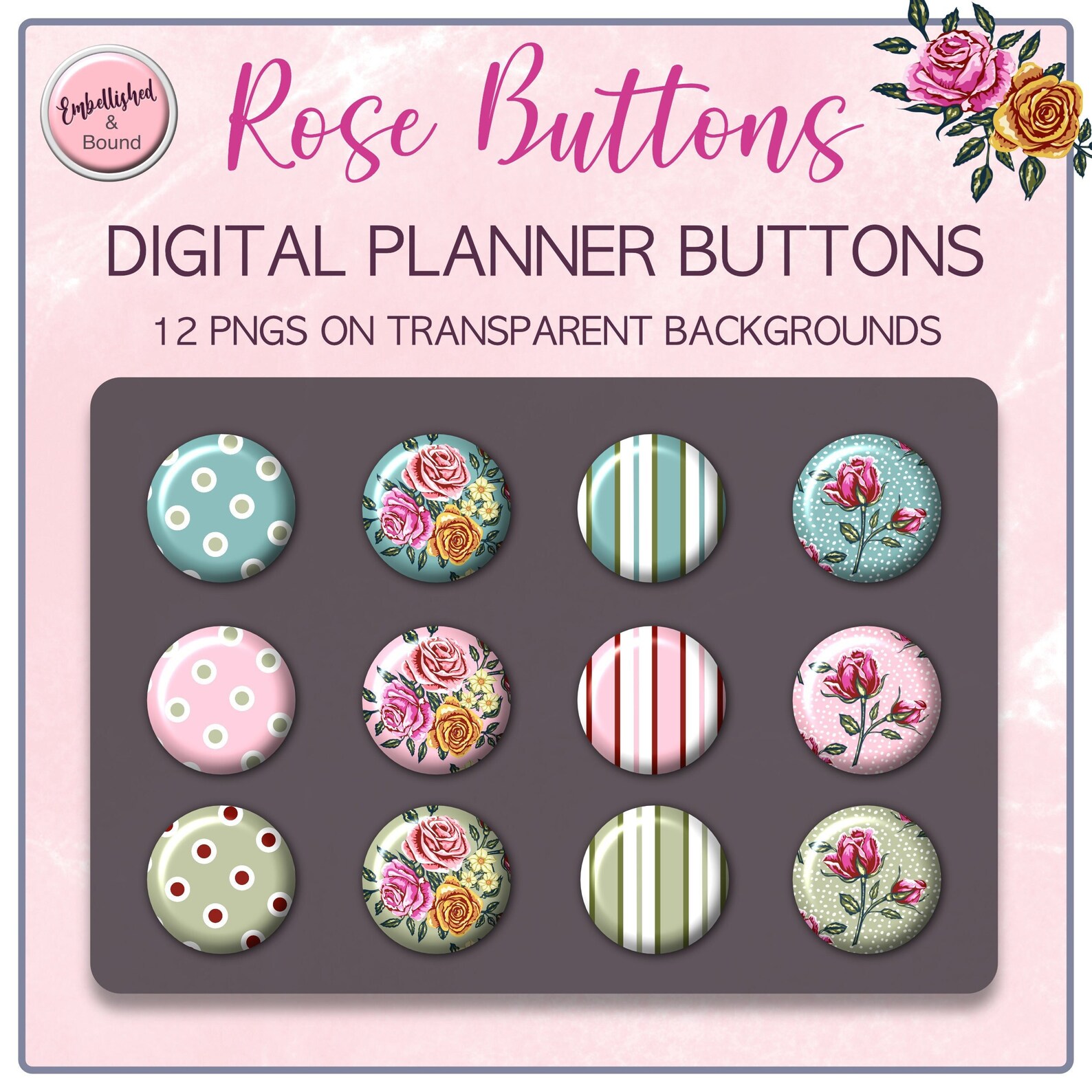 Rose Digital Buttons Set, Digital Planner Buttons Clipart, Instant ...