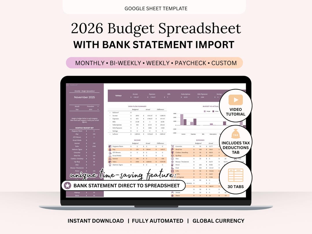 2026 Monthly Budget Spreadsheet for Google Sheets: Paste Bank ...