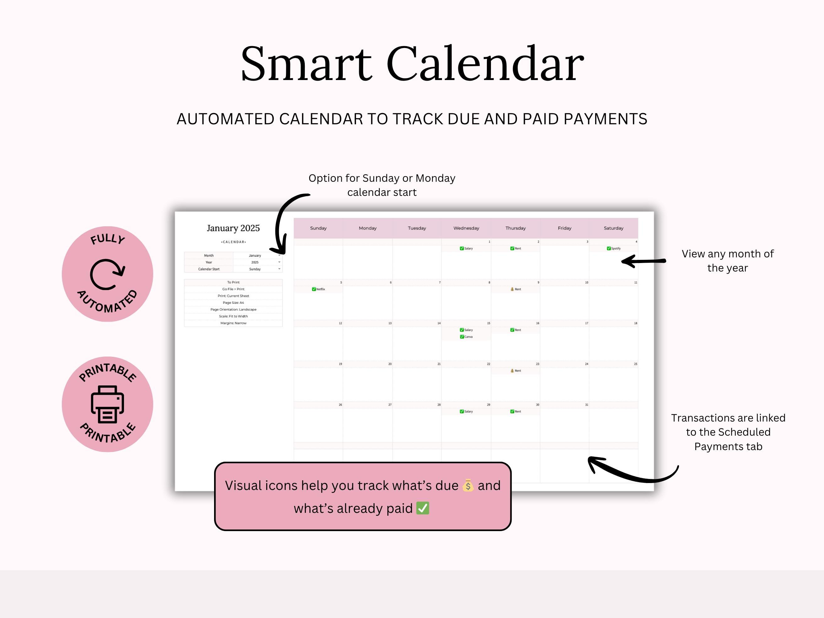 Google Sheets Budget Spreadsheet: Bank Account Tracker, Smart Calendar ...