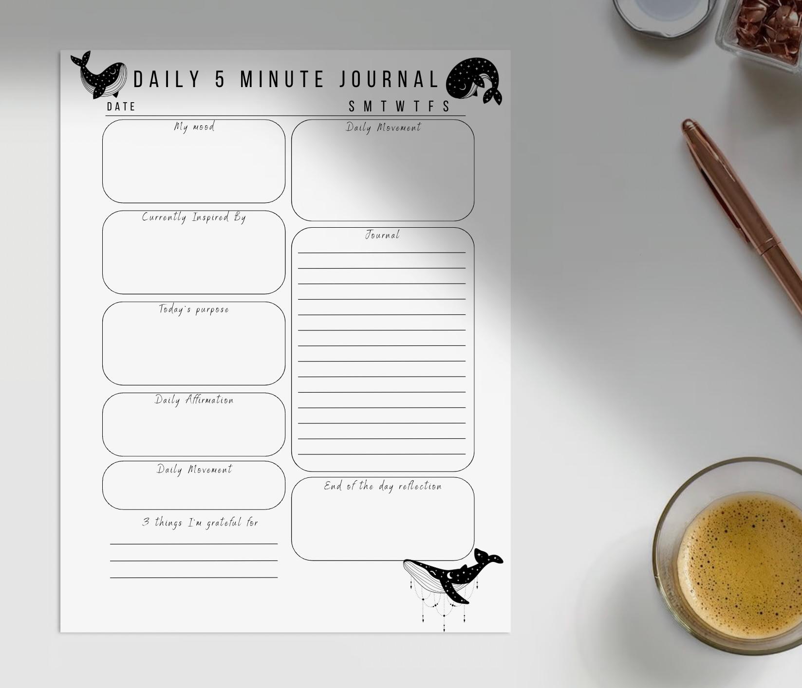 Daily 5-minute Journal Printable | Mindfulness & Gratitude Journal ...