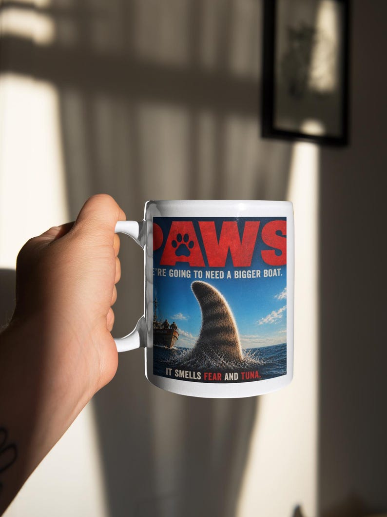 PAWS Cat Shark 11oz Mug Wrap PNG, Funny Cat Ocean Movie Inspired Design ...