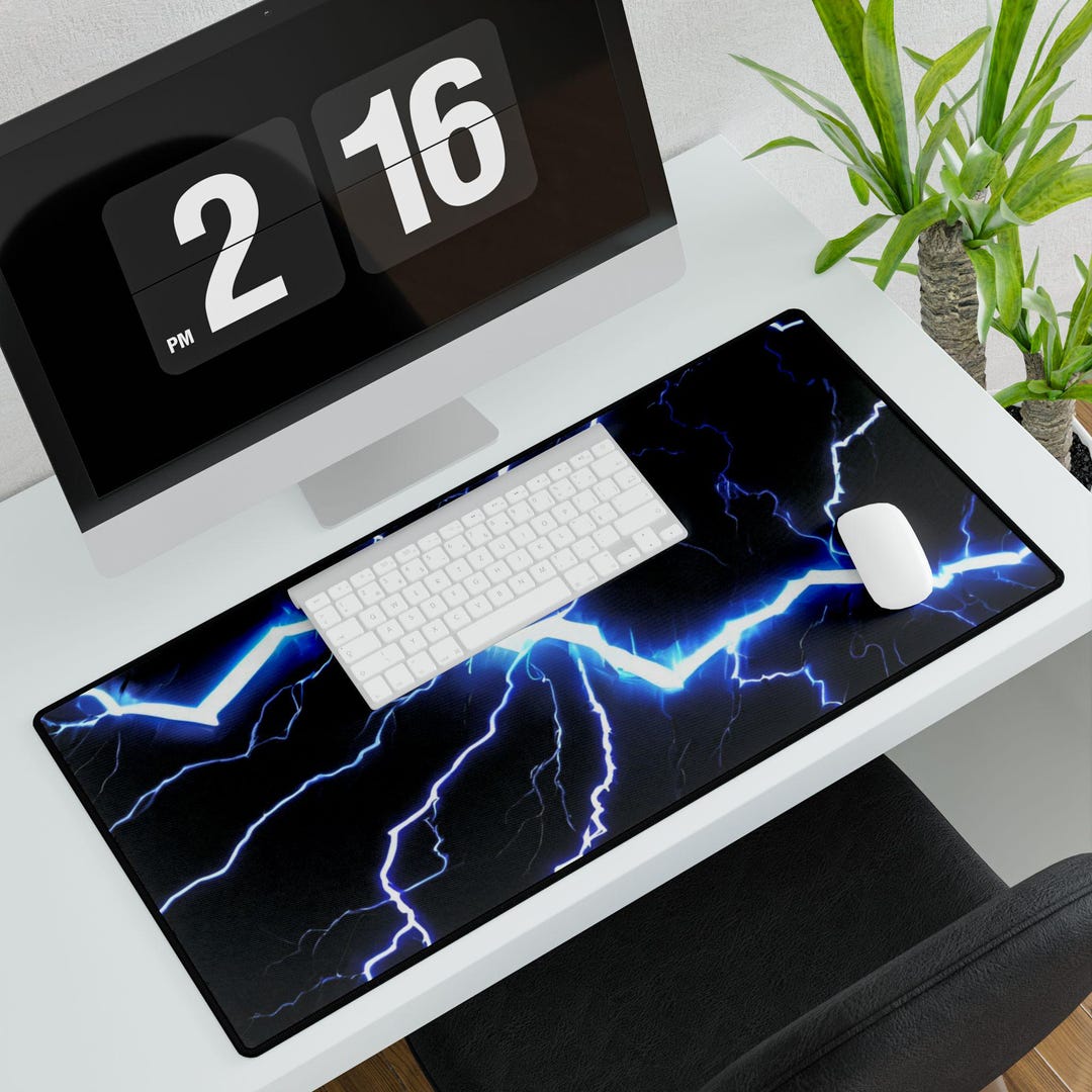 Blue Lightning Desk Mat, Modern Work Surface Pad, Geometric Aesthetic ...