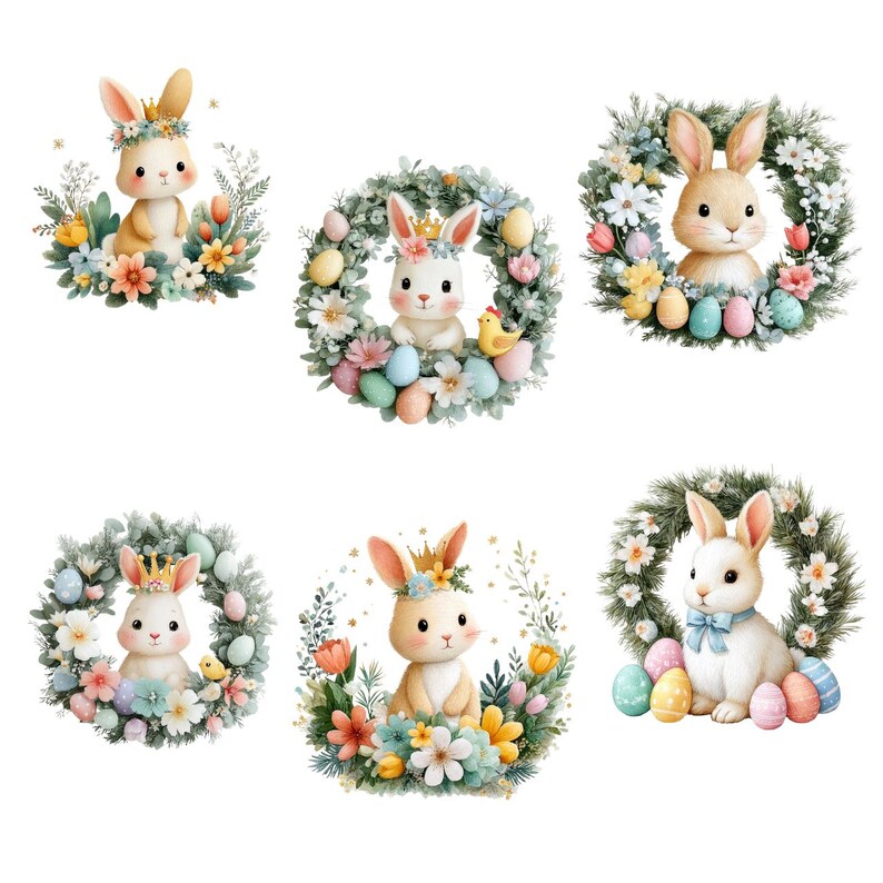 Easter Bunny Wreath Clipart PNG | 6 Watercolor Bunnies With Floral ...
