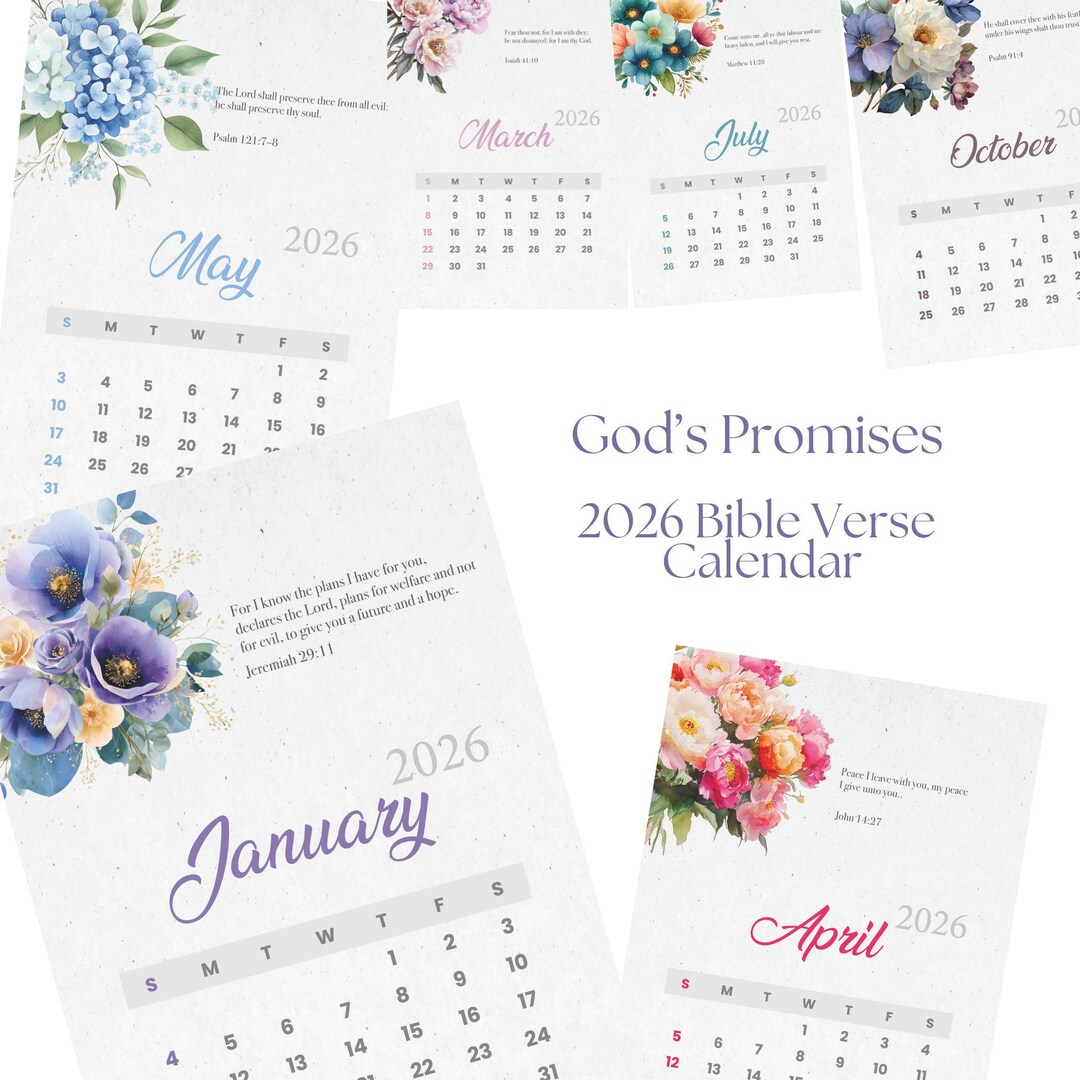 2026 Bible Verse Calendar | God's Promises | Floral Christian Printable ...