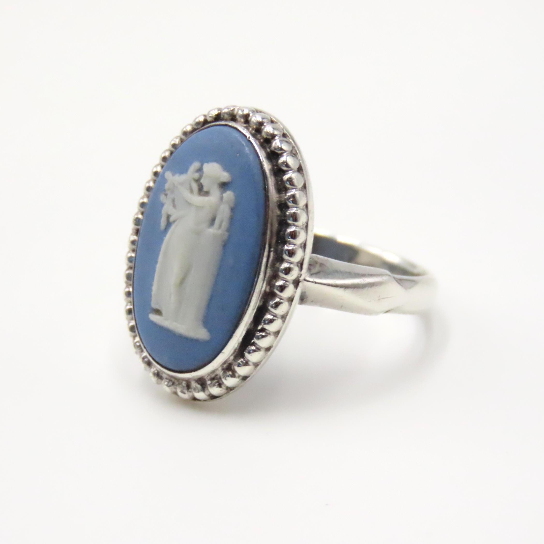 Vintage Sterling Silver Light Blue Jasperware Cameo Ring | UK Size K ...