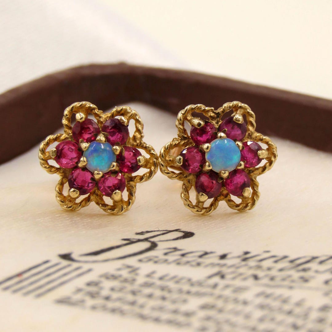Vintage 9ct Gold Opal and Ruby Cluster Stud Earrings - Etsy