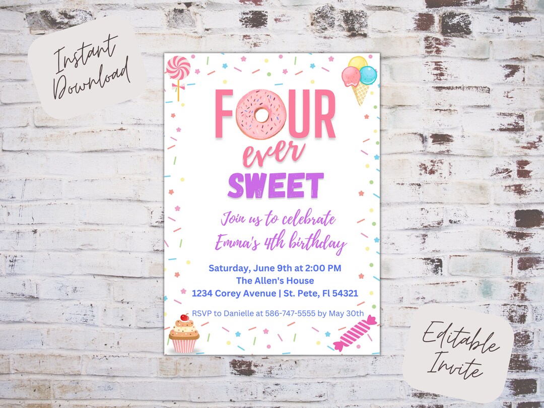 Editable Donut Invitation, Four Ever Sweet Invitation, 4th Birthday ...