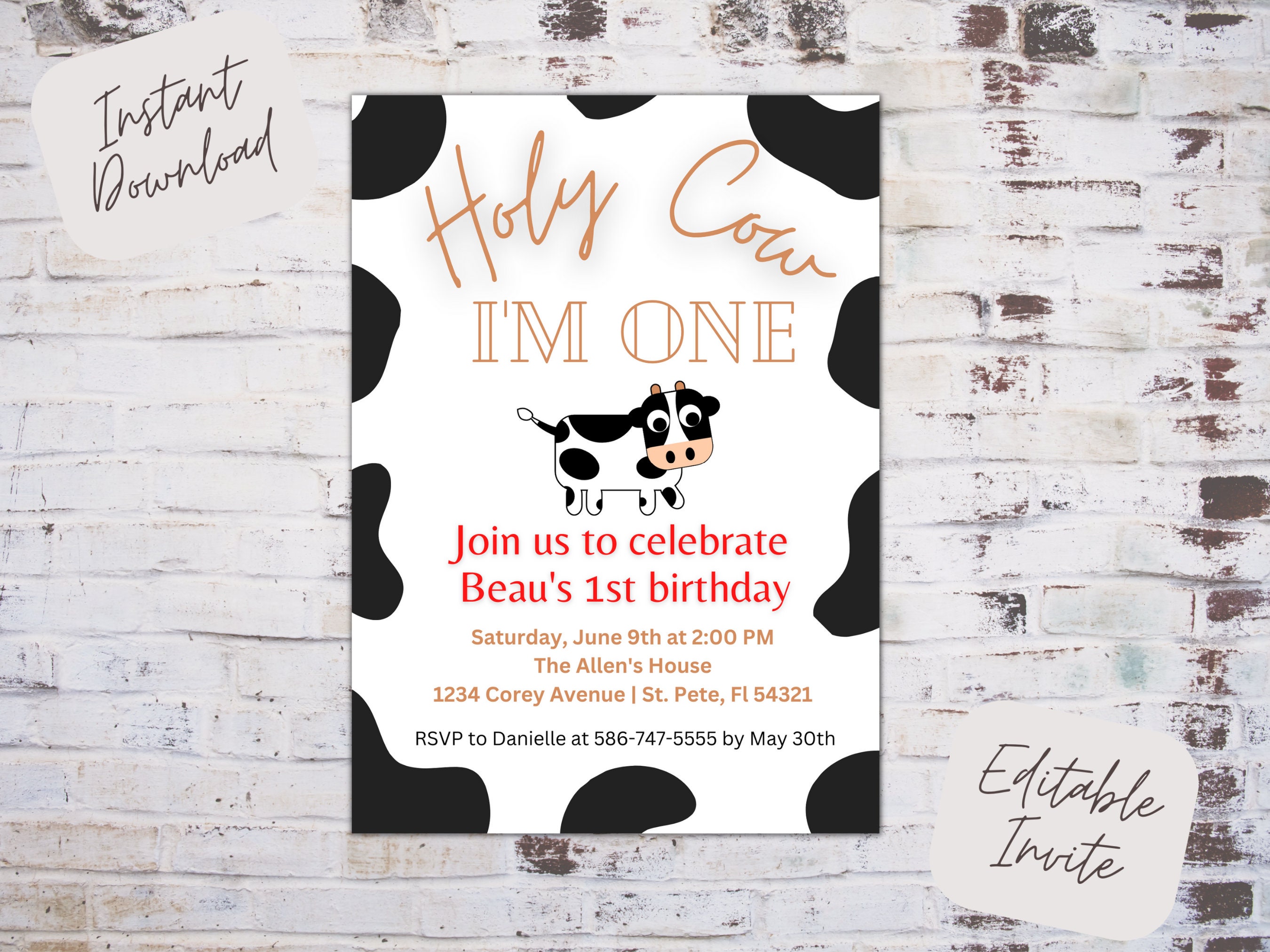 Editable Cow Birthday Invitation, Holy Cow Kids 1st Birthday or Any Age ...