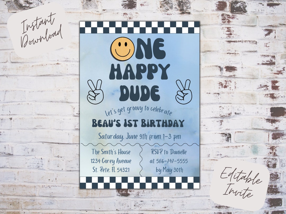 Editable One Happy Dude Birthday Invitation, First Birthday Invite, One ...