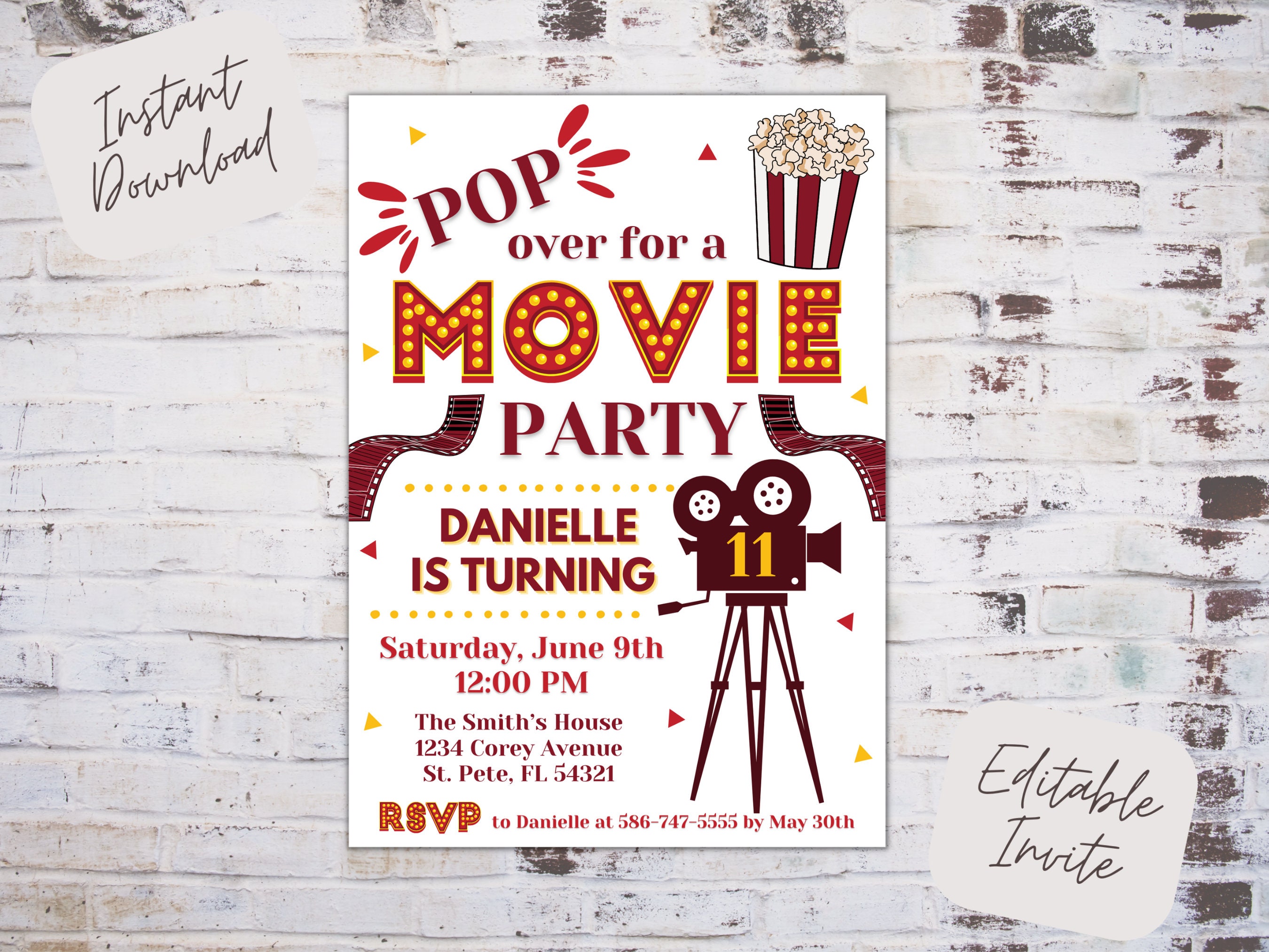 Editable Movie Birthday Invitation, Popcorn Birthday Invite, Movie ...