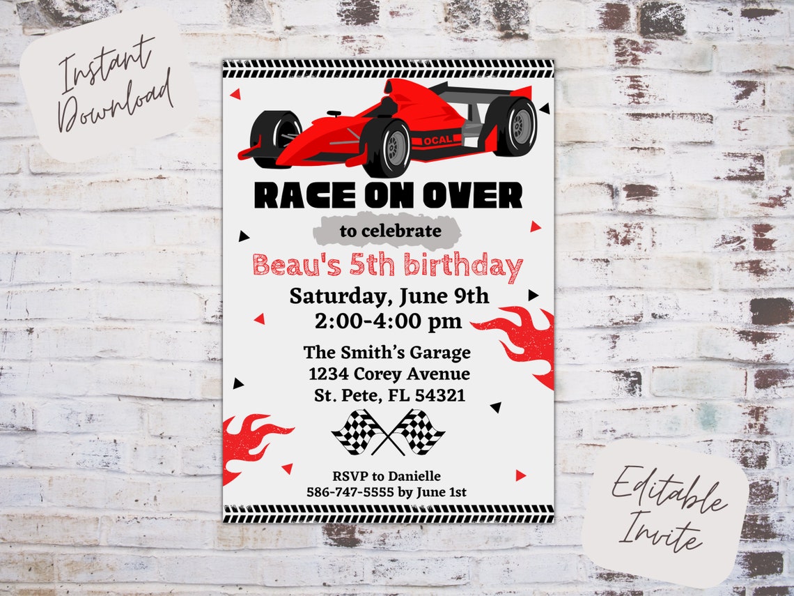 Editable Race Car Birthday Invite, Race Car Birthday Invitation, Race ...