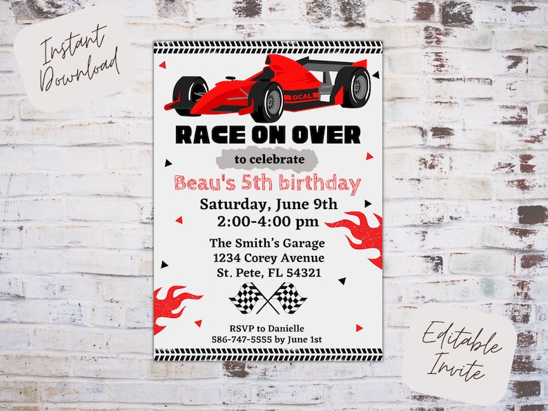 Editable Race Car Birthday Invite, Race Car Birthday Invitation, Race ...